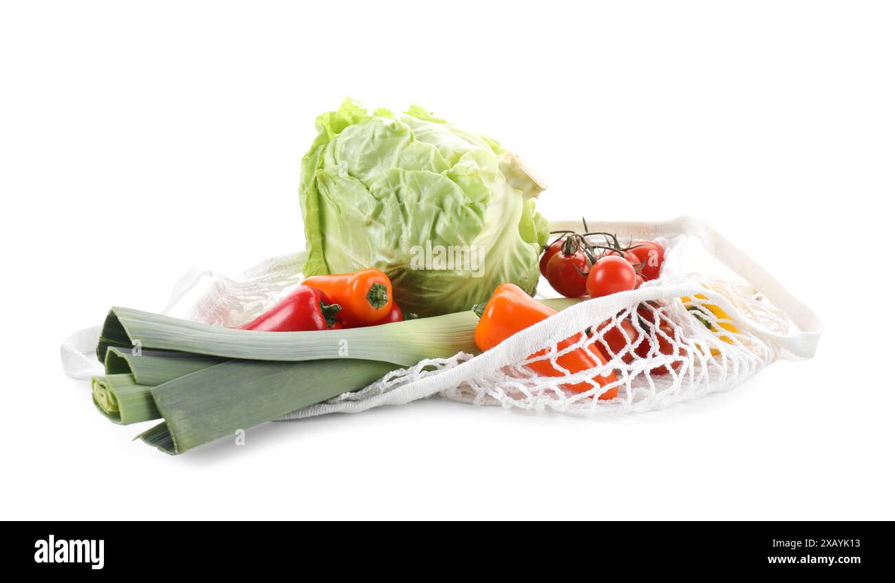 String bag with different vegetables isolated on white Stock Photo - Alamy