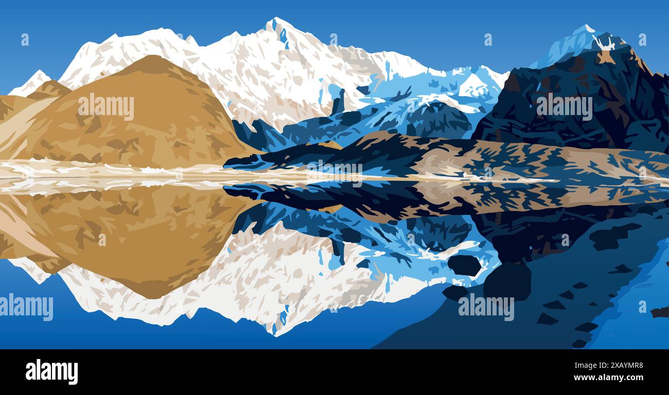 Mount Cho Oyu mirrored on the lake surface, Cho Oyu base camp, morning ...