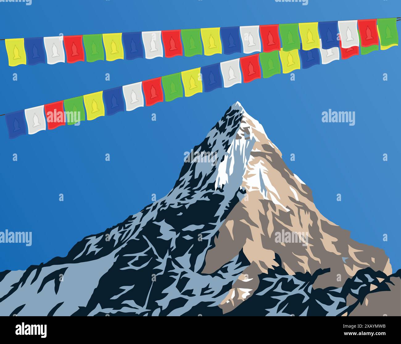 Mountain vector illustration, Himalayas mountains, beautiful peak, buddhist prayer flags, mount ...