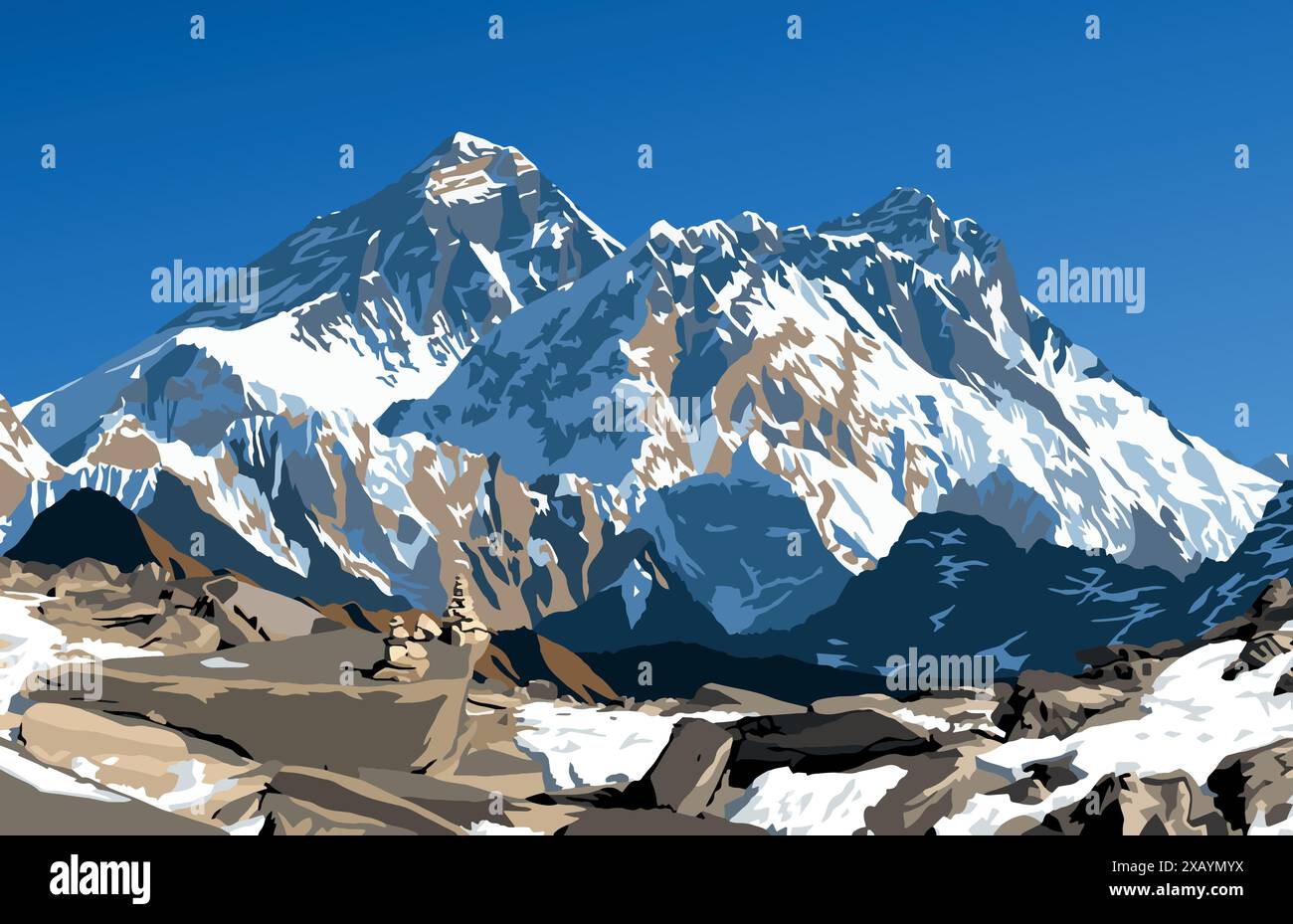 Mount Everest and Lhotse from Gokyo peak, vector illustration, Khumbu valley, Everest area ...