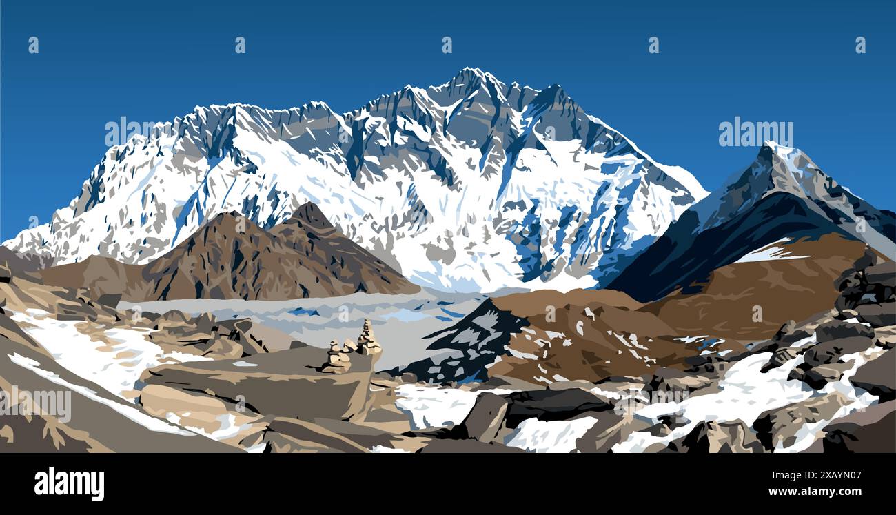 Mount Lhotse south rock face and stone pyramid, vector illustration, Khumbu valley, Everest area ...