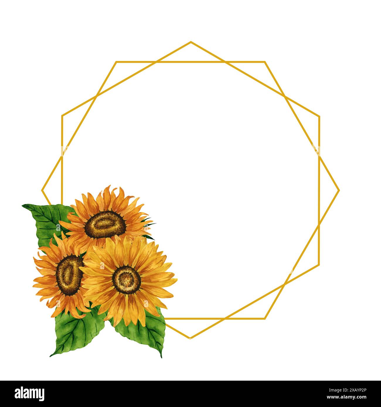 Watercolor sunflower polygon frame. Geometrical polyhedron frame with ...