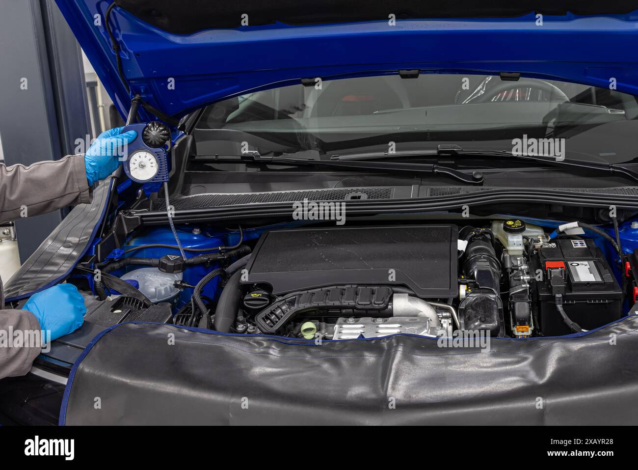 Car winter maintenance antifreeze control. Automobile mechanic tests ...