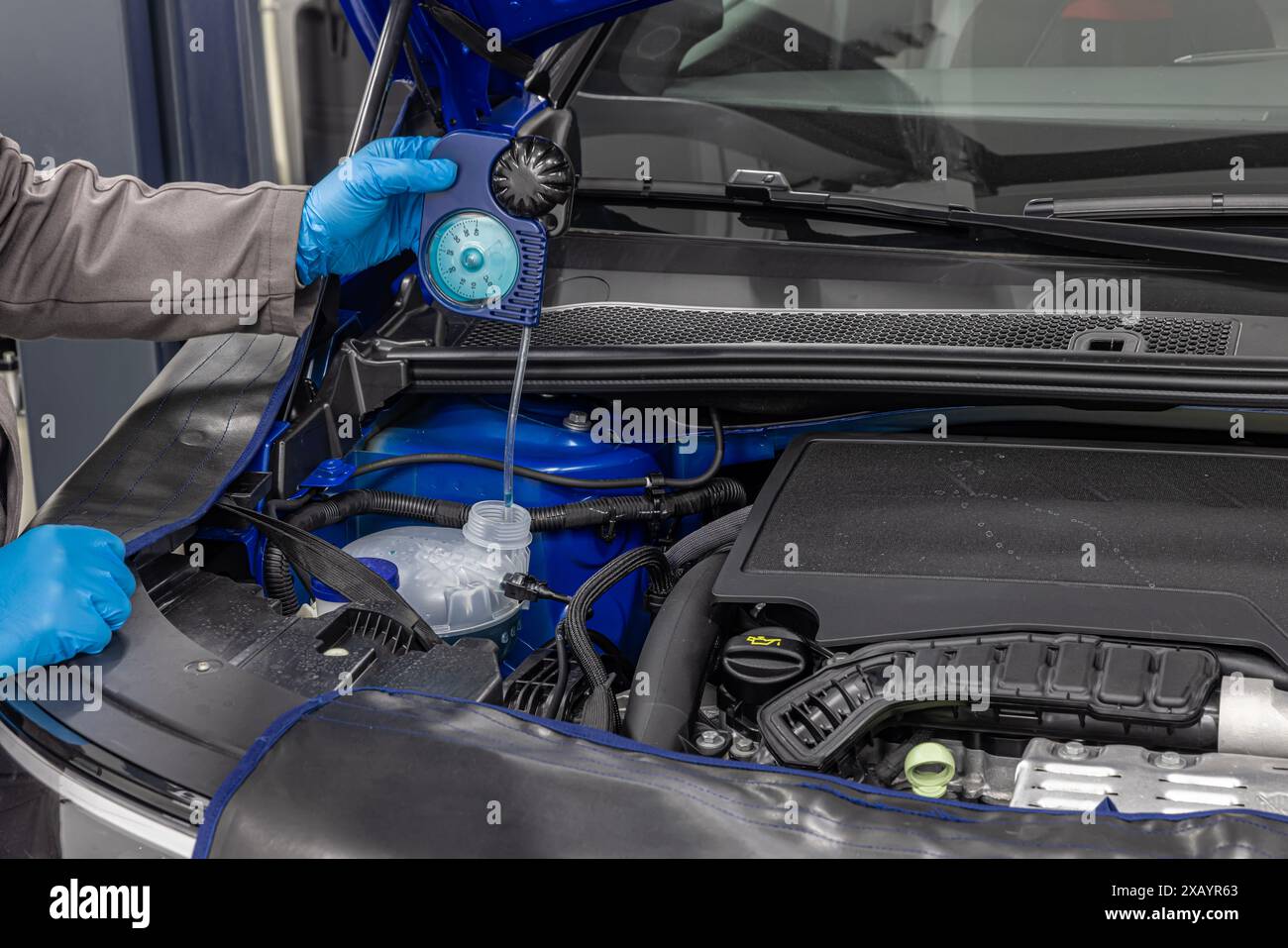 Car winter maintenance antifreeze control. Automobile mechanic tests ...