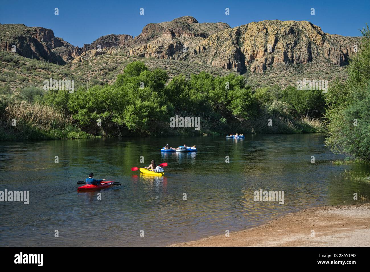 Kayakers head down river in the Sonoran Desert on the Salt River near ...