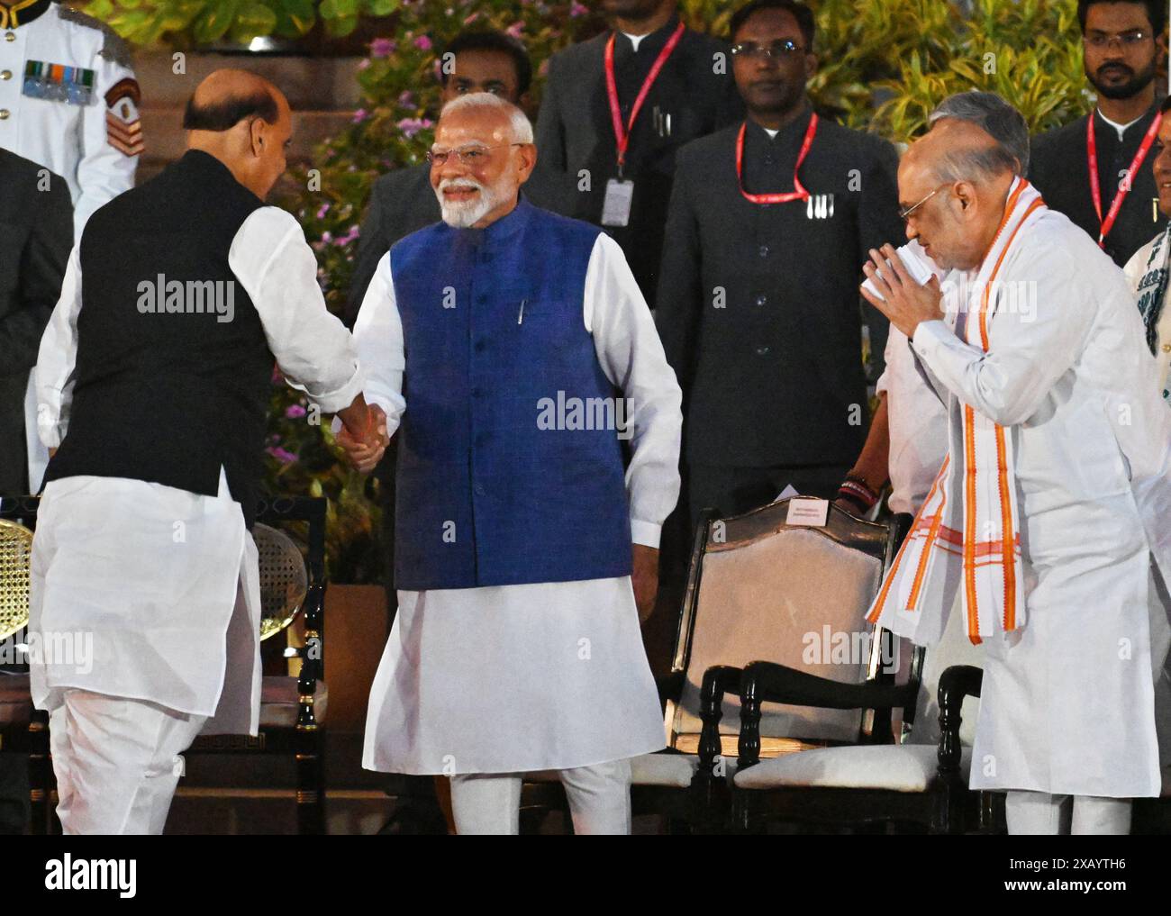 NEW DELHI, INDIA - JUNE 9: Bharatiya Janata Party (BJP) leader Rajnath Singh greets Prime ...