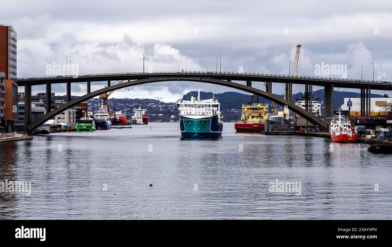 General cargo vessel Hoydal (Høydal) departing from Bergen port, Norway ...