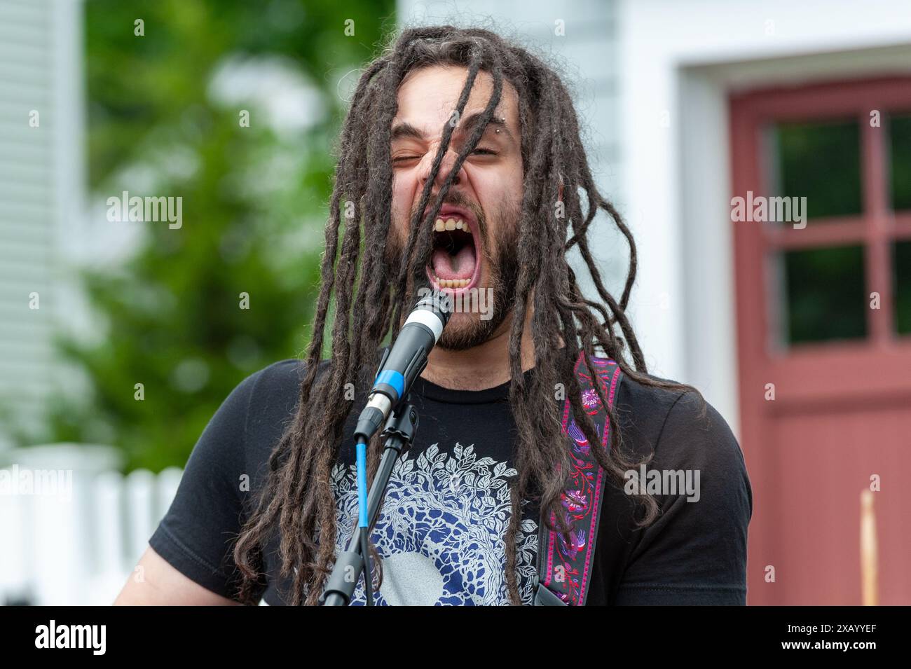 A close-up of lead singer Kane Two Feathers of Mother Fungus, a Boston ...
