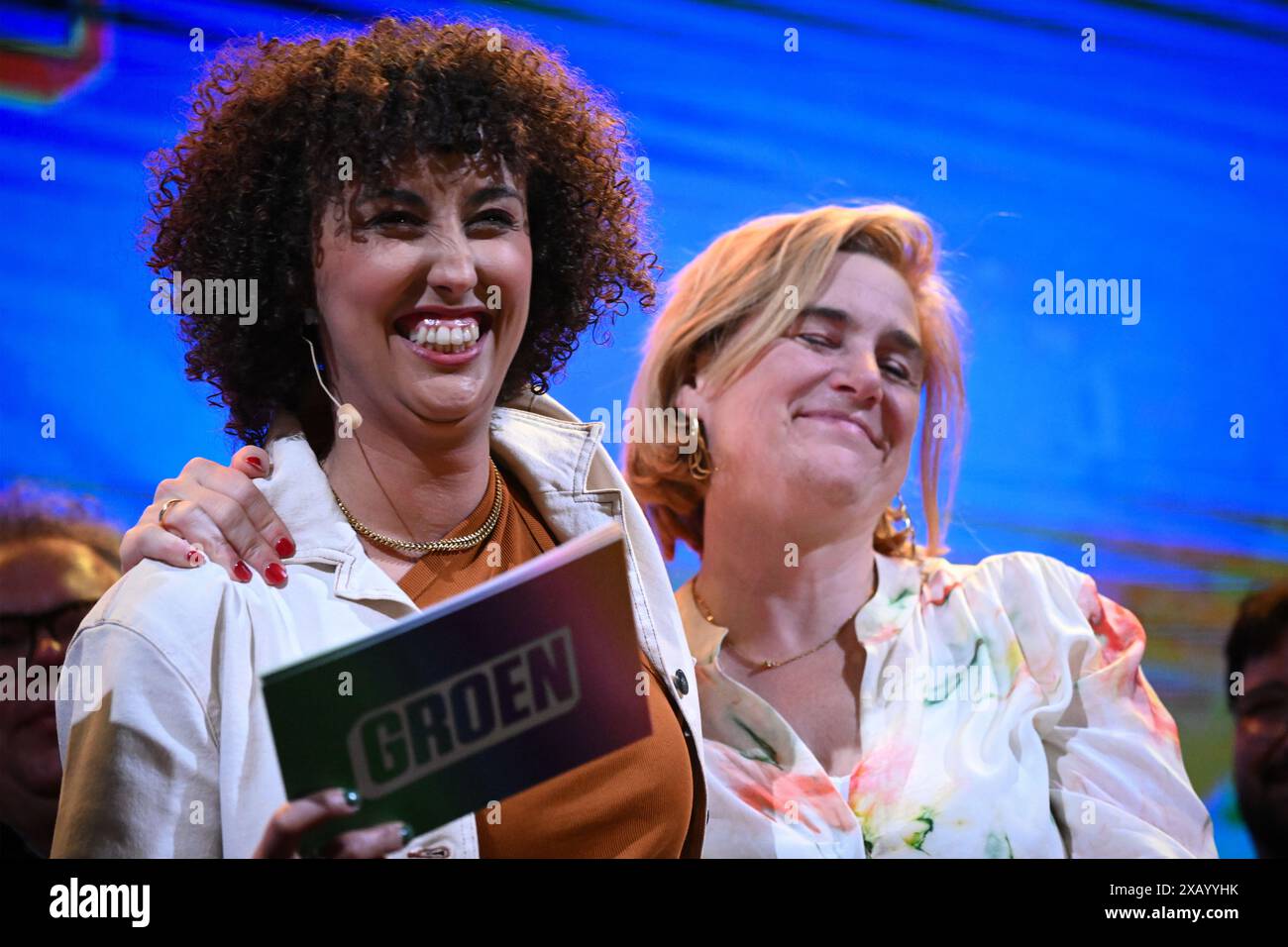Brussels, Belgium. 09th June, 2024. Groen co-chairwoman Nadia Naji and ...