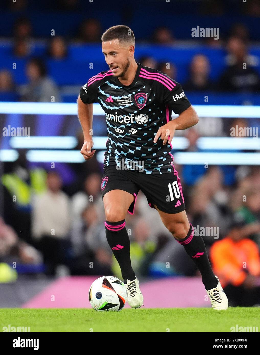 World XI's Eden Hazard in action during Soccer Aid for UNICEF 2024 at Stamford Bridge, London ...