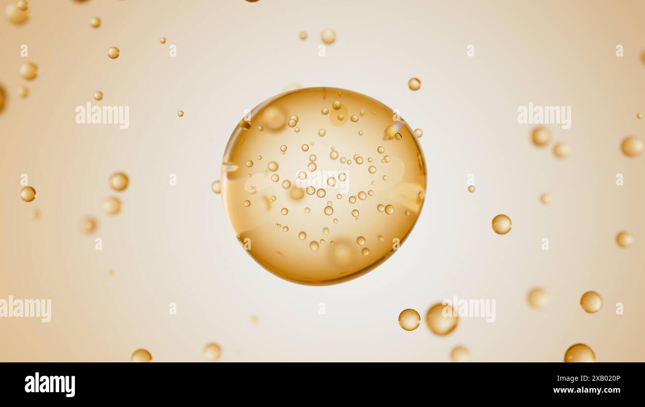 Macro of transparent drop of beige liquid with bubbles inside on beige ...