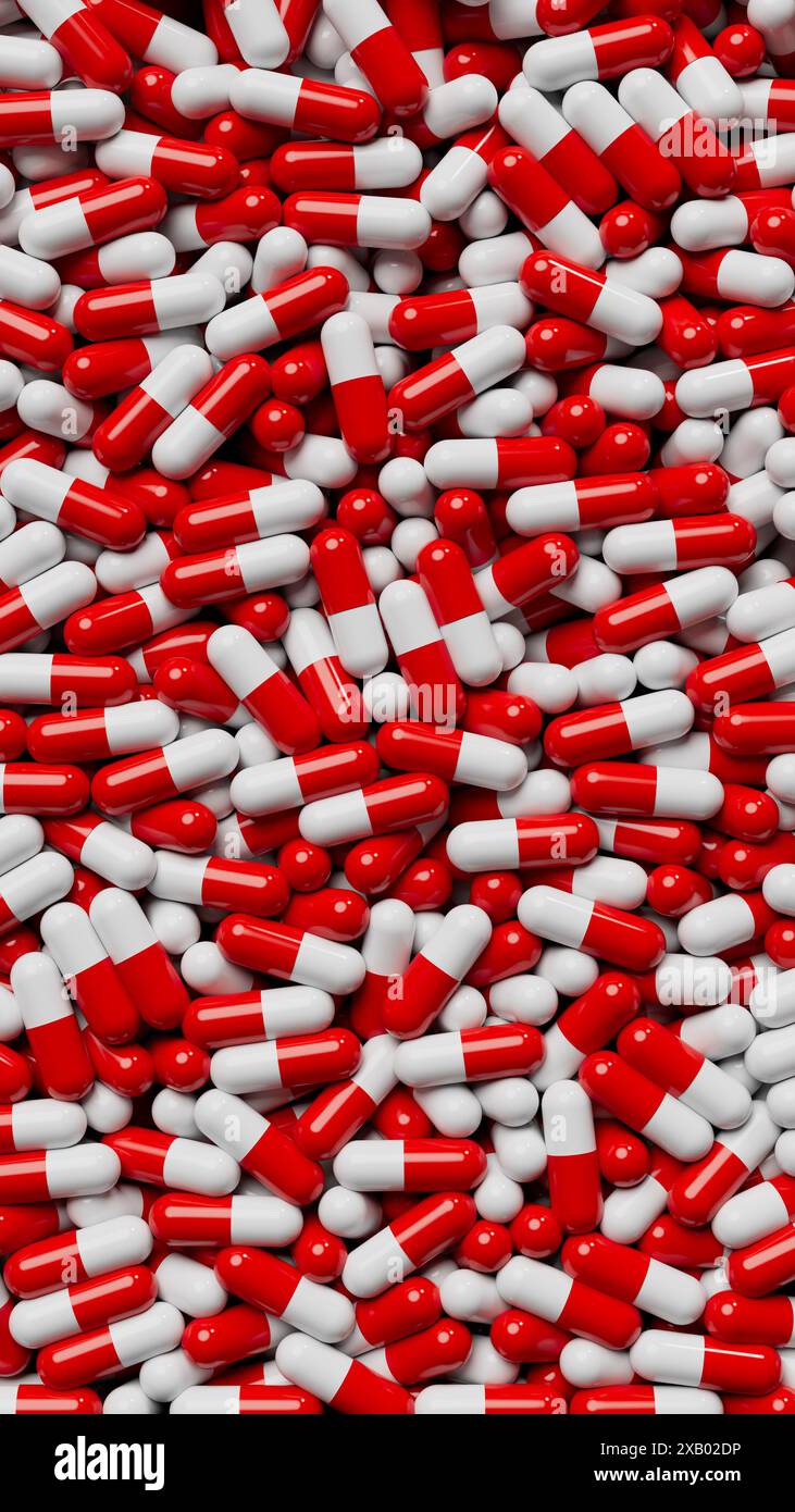 Many red and white pills fill screen area, tablet background. Medicine ...