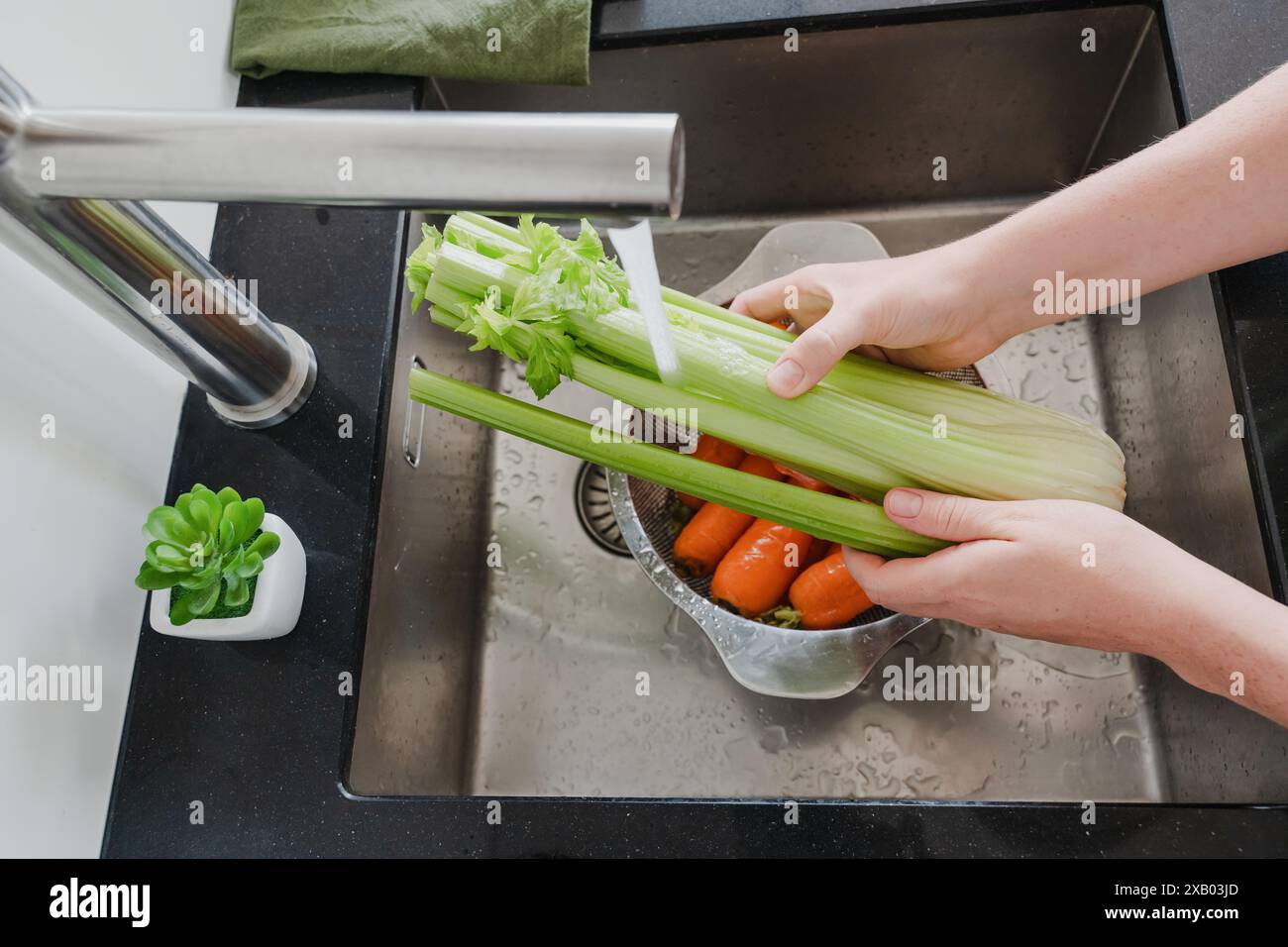 Woman washes celery and carrots under running water in a kitchen sink ...