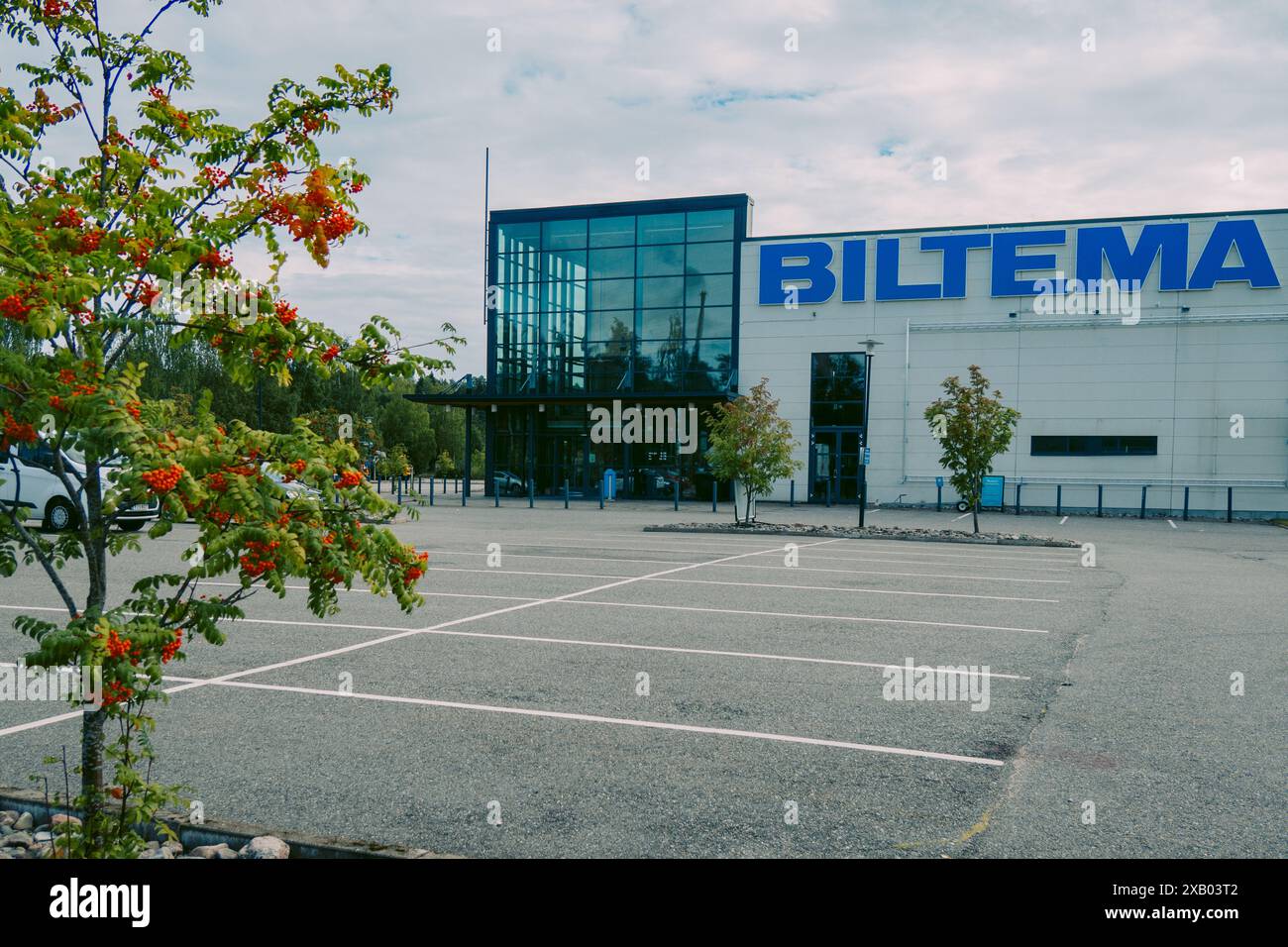 Helsinki, Finland - August 22, 2022: BILTEMA store. Blue sign above ...