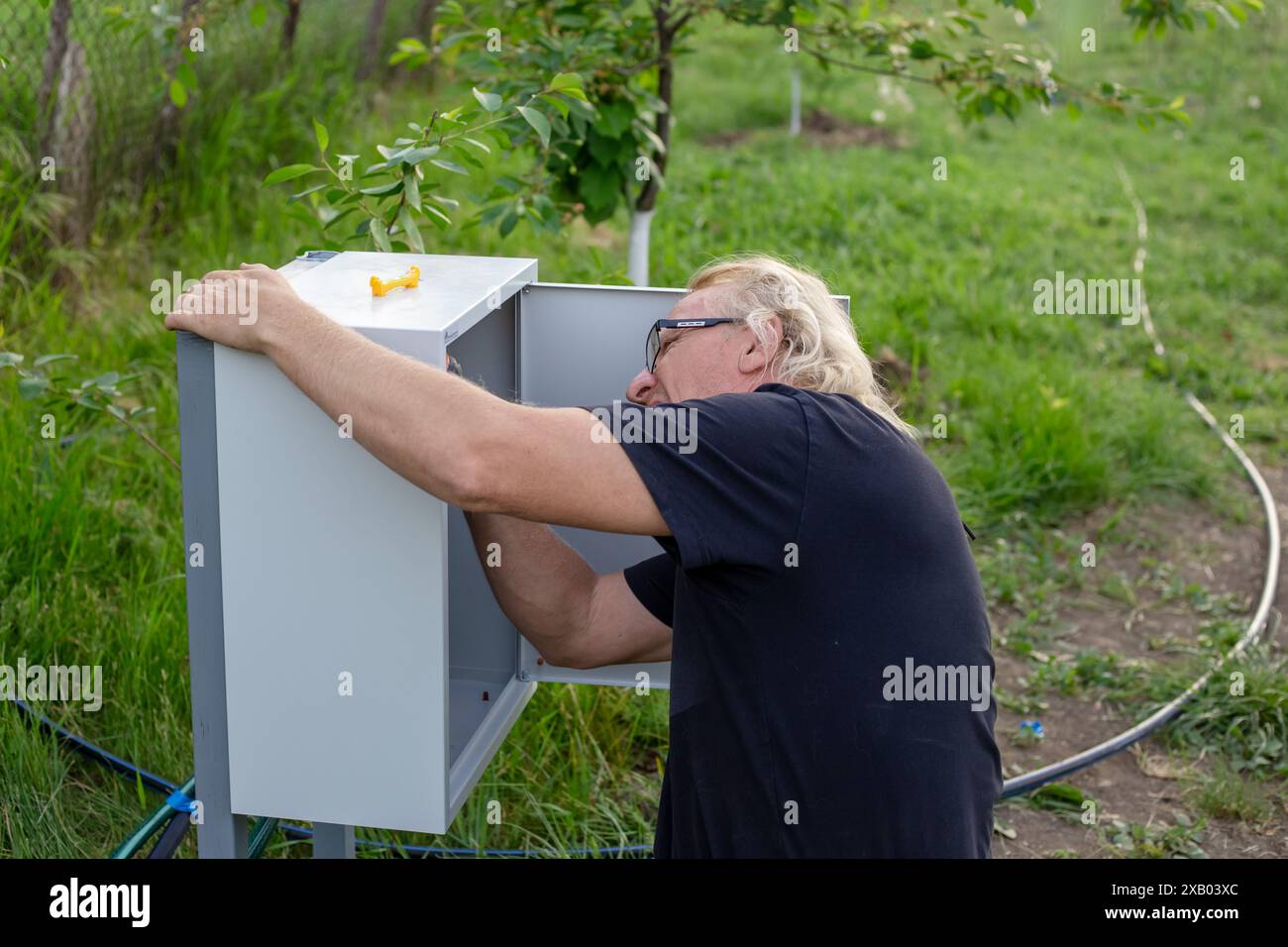 Assembling an automatic water supply system for drip irrigation. A man ...