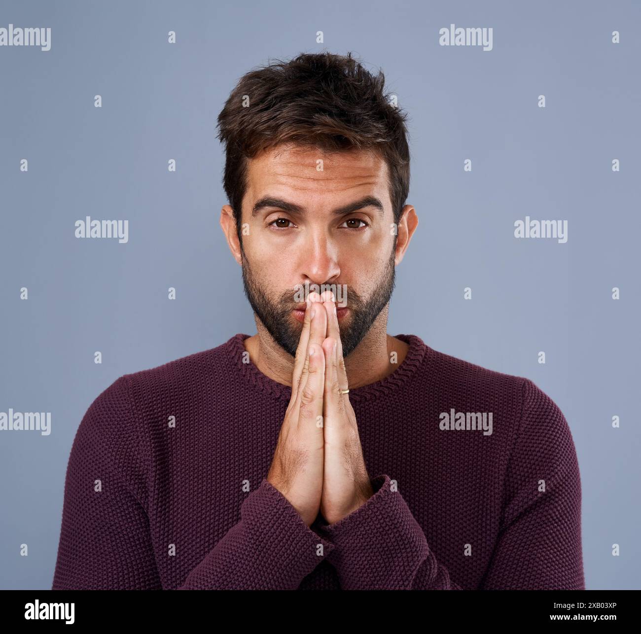 Portrait, faith and man in studio, praying and hands for miracle of ...