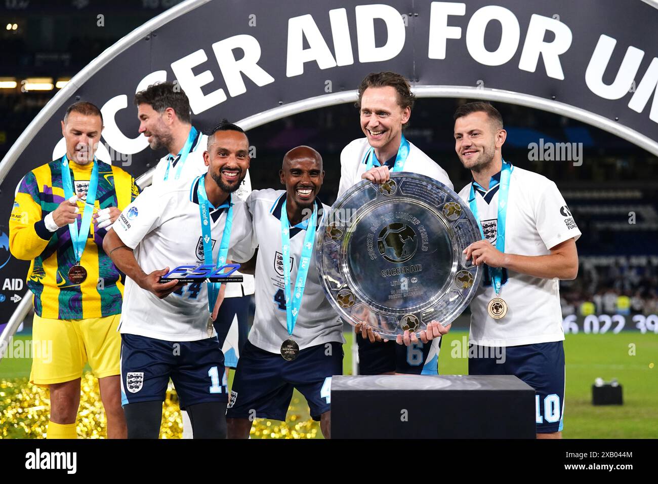 England's Theo Walcott (left), Sir Mo Farah, Tom Hiddleston and Jack ...