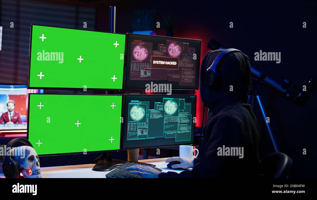 Happy man writing code on green screen PC, celebrating after managing ...