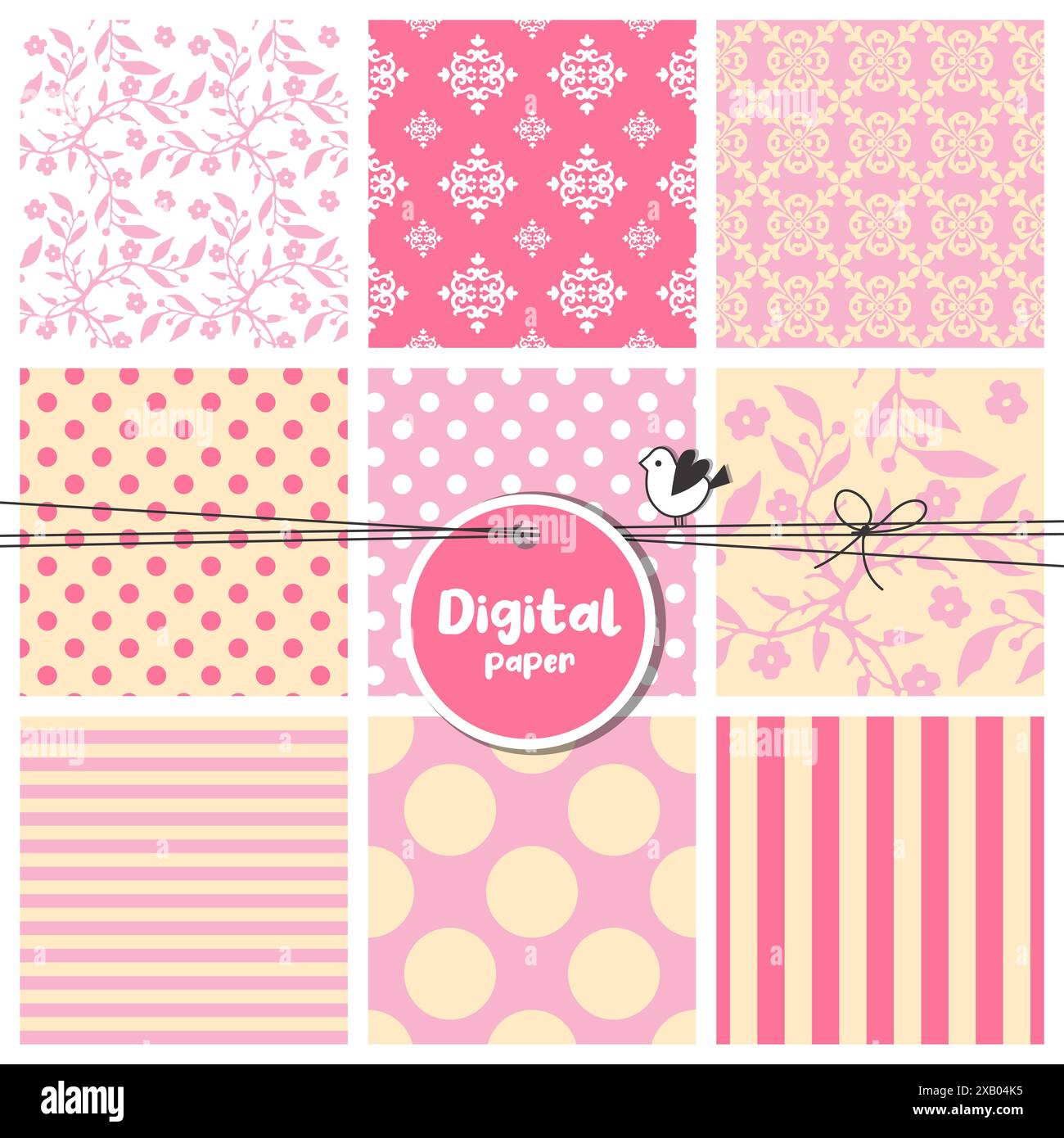 Set of seamless Digital papers, patterns, flowers, dots, stripes ...