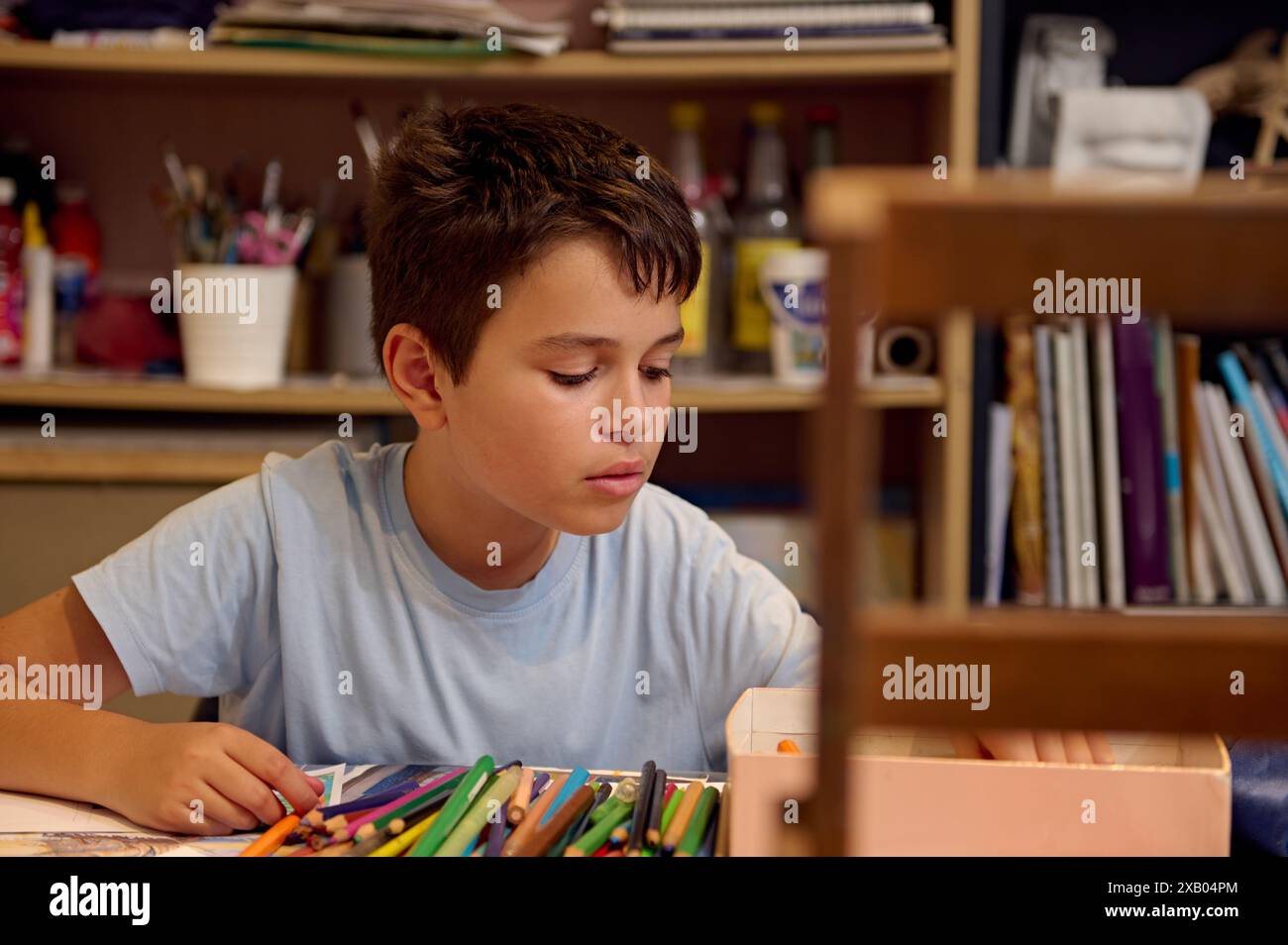 Kids have art class, drawing, painting with teacher in workshop. Young ...