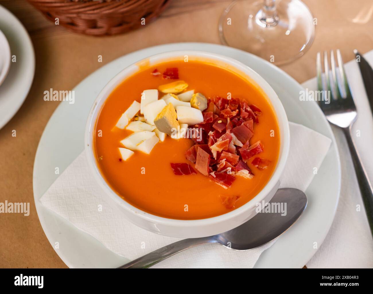 Cordoban salmorejo with ham and egg shavings Stock Photo - Alamy