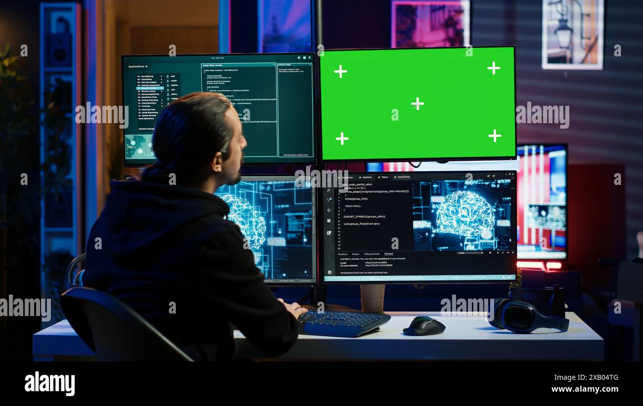 Hacker Using Green Screen Monitor And Artificial Intelligence To Write Spyware Software