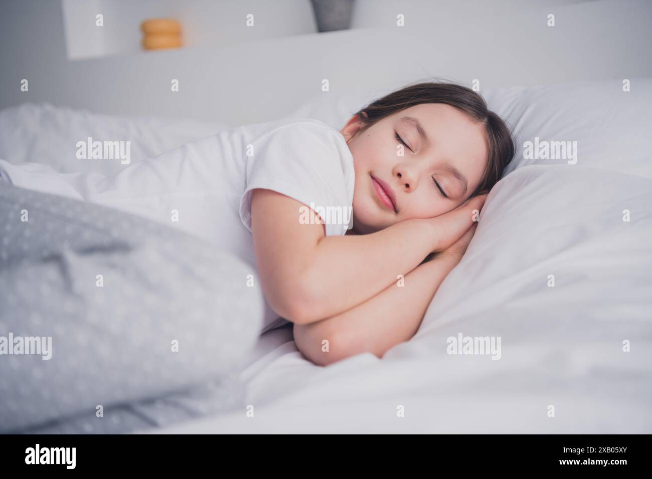 Portrait of sweet nice adorable lovely girl sleeping enjoying comfy bed ...