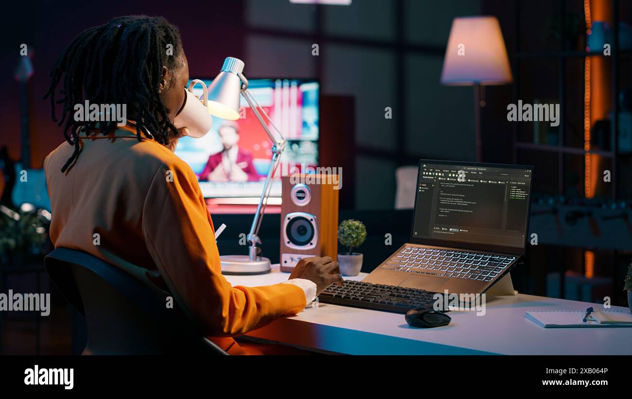 College student learning about outsourcing with html script, enjoying e ...