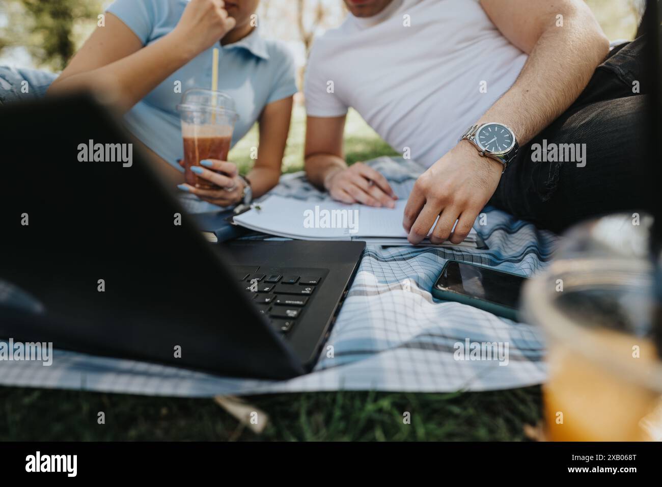Outdoor study session with two students sharing ideas in a park Stock ...
