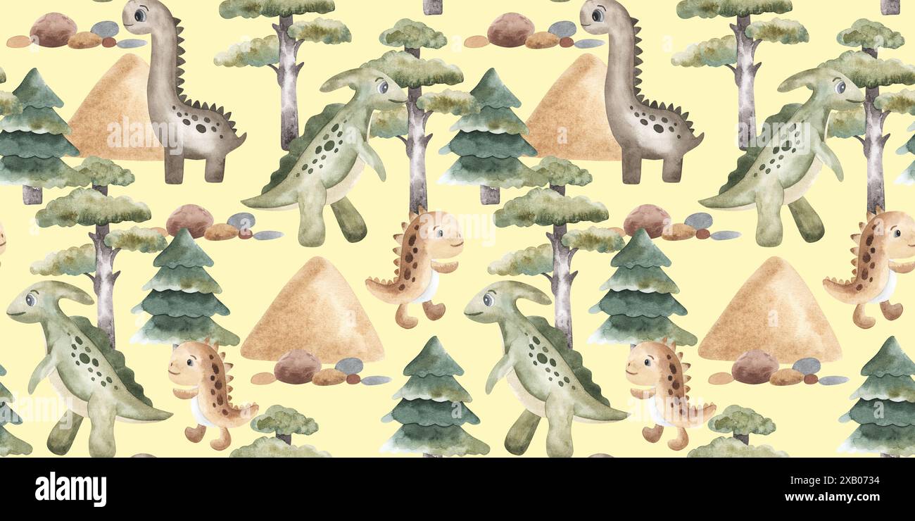 Dino trees seamless pattern. Watercolor green plants with dinosaurs ...