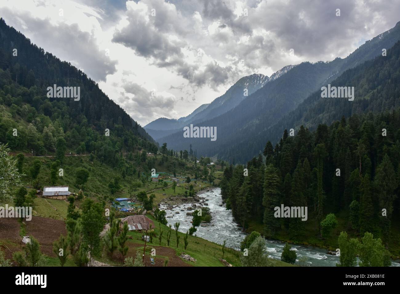 A view of Lidder river flowing through the Aru valley in Pahalgam ...