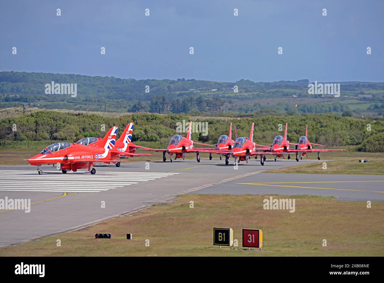 RED ARROWS taxiing for a formation departure from RAF VALLEY, Anglesey ...
