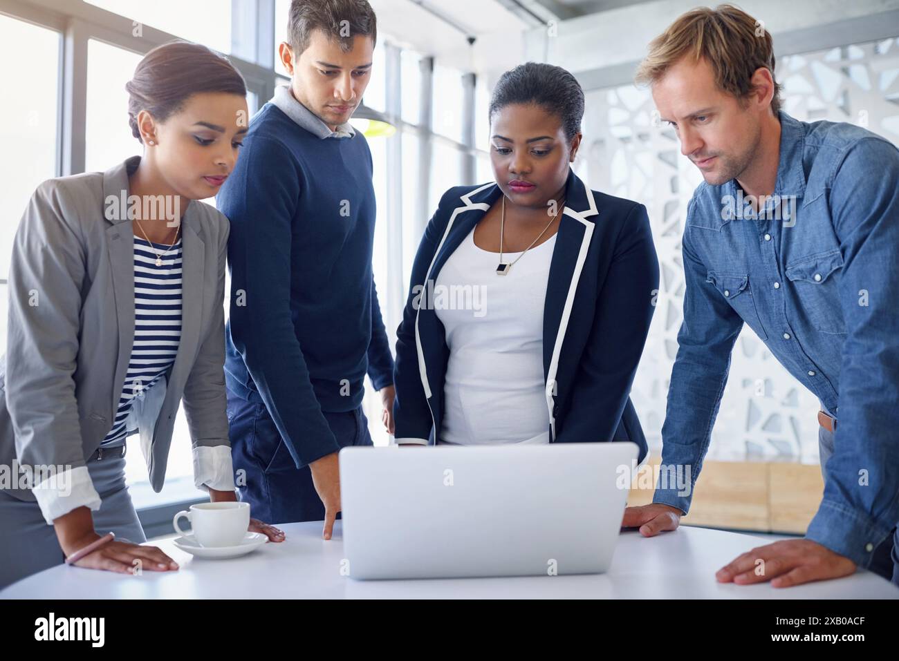 Business people, teamwork and cooperation with conversation, laptop and ...