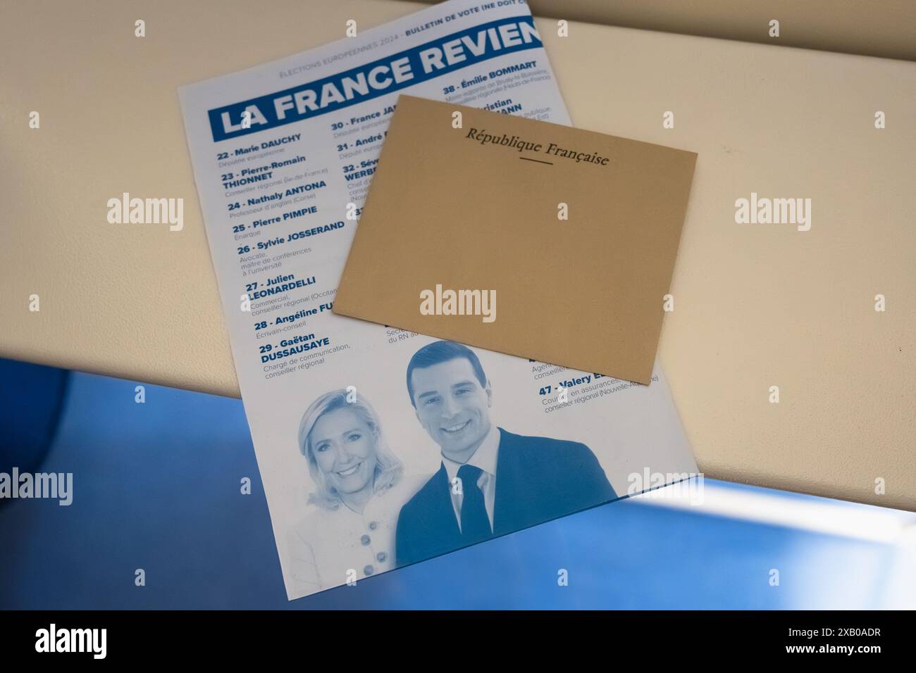 PARIS, FRANCE - JUNE 09, 2024: Ballots with the names of candidates for ...