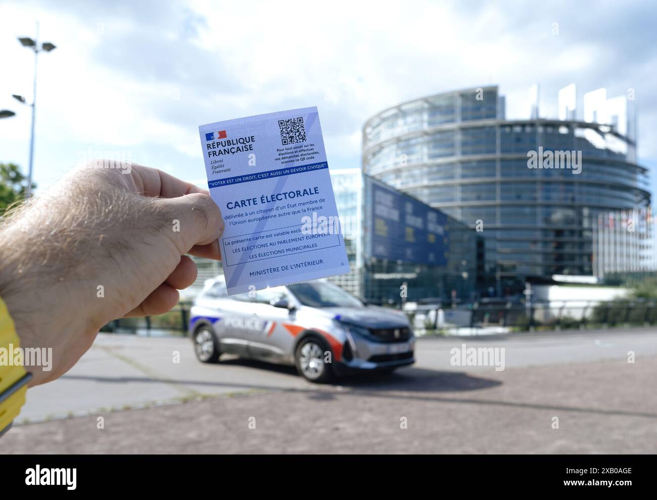 Strasbourg, France - Jun 6, 2024: A person holding a French electoral ...