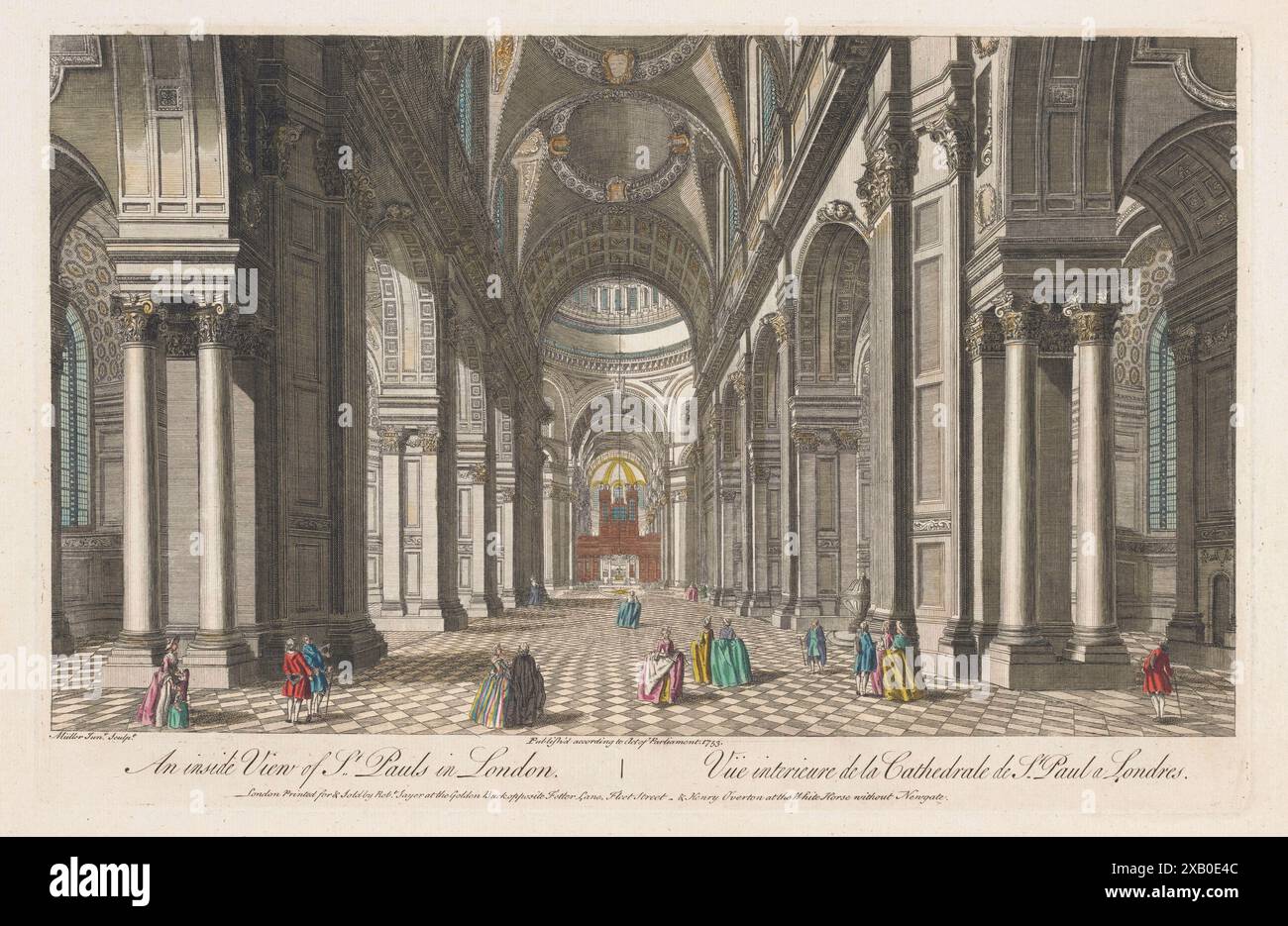 A print coloured engraving of an inside view of St Pauls cathedral ...