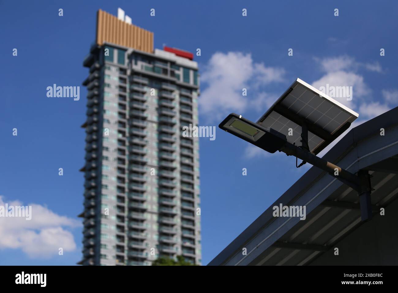 Solar powered lights mounted on the roof and have blur skyscraper ...