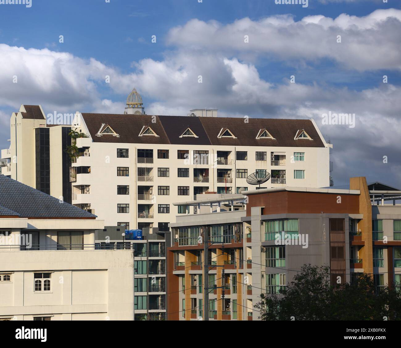 Top of a tall building with a blue sky background at daytime and copy ...