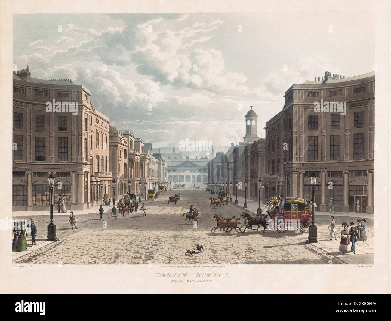 A antique print coloured engraving of a view of the Quadrant Regent ...