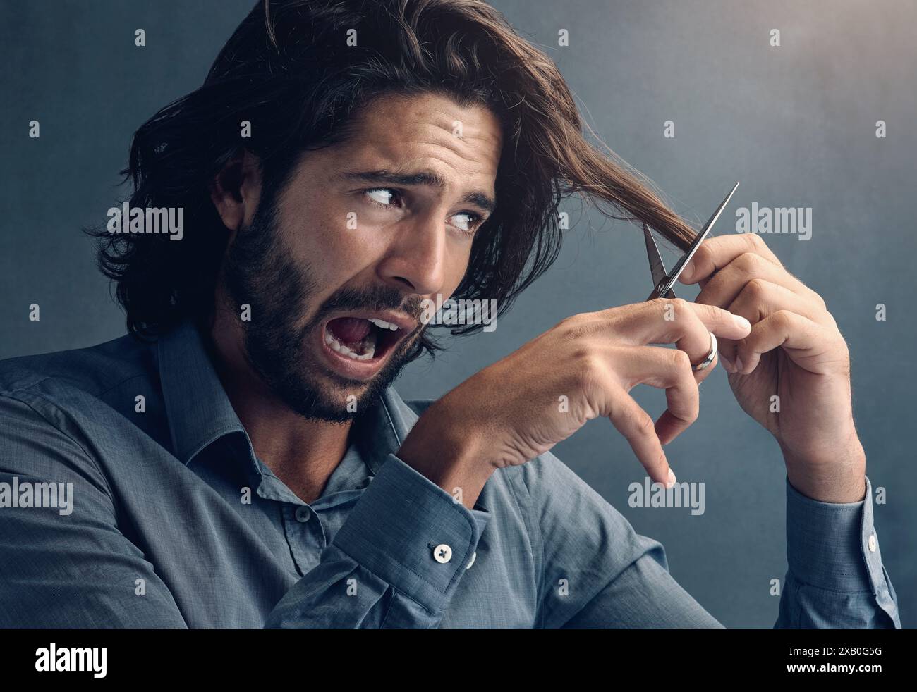 Trim, hair humor and man with scissors for grooming, facial cleaning ...