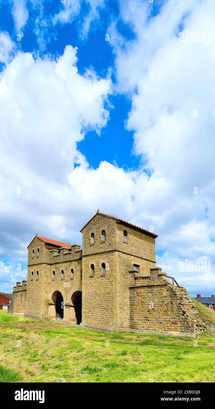 The main gate of the Roman fort Arbeia at South Shields against white ...