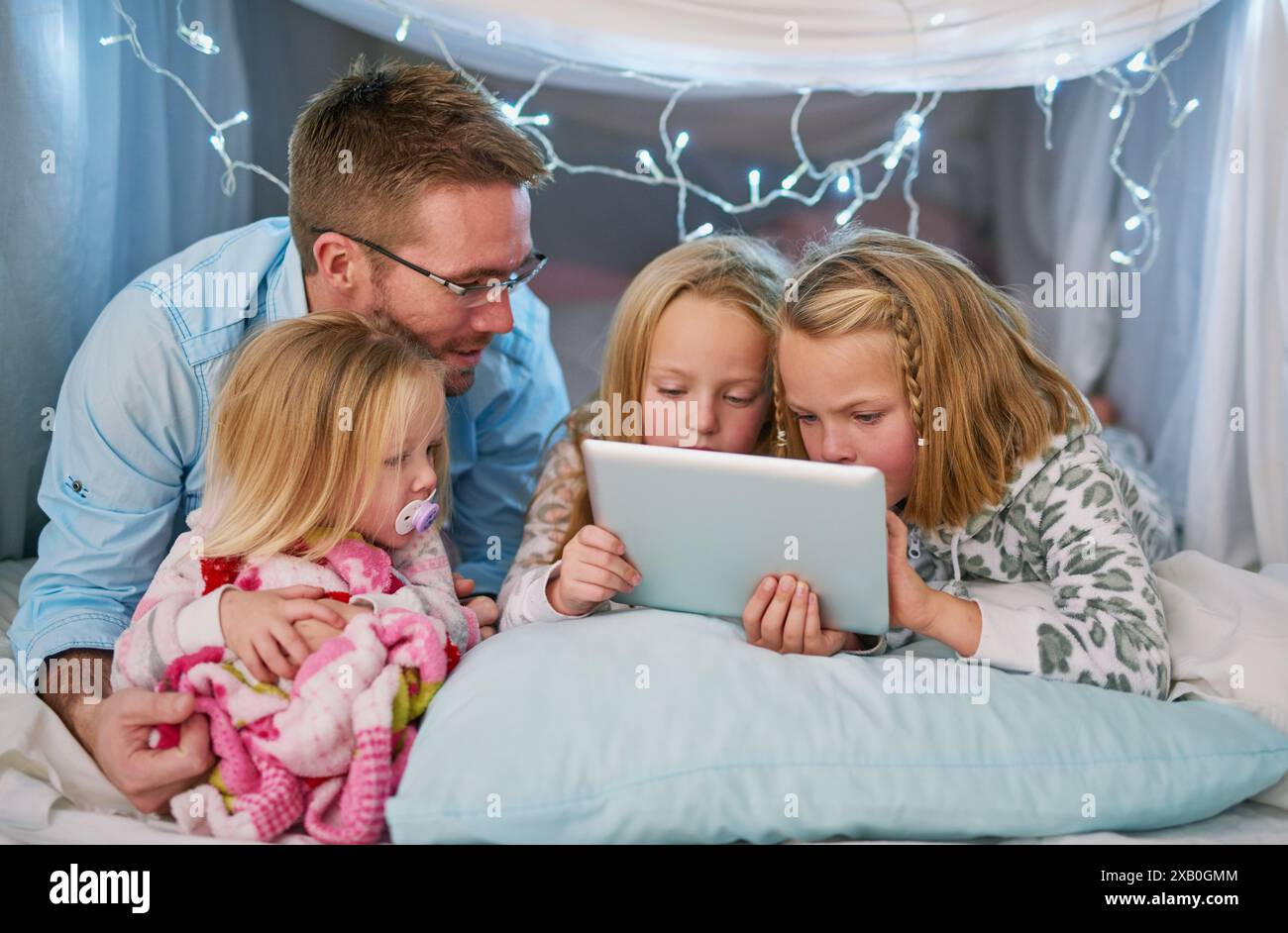 Happy, family and tablet for streaming tv, watching movies or dad ...