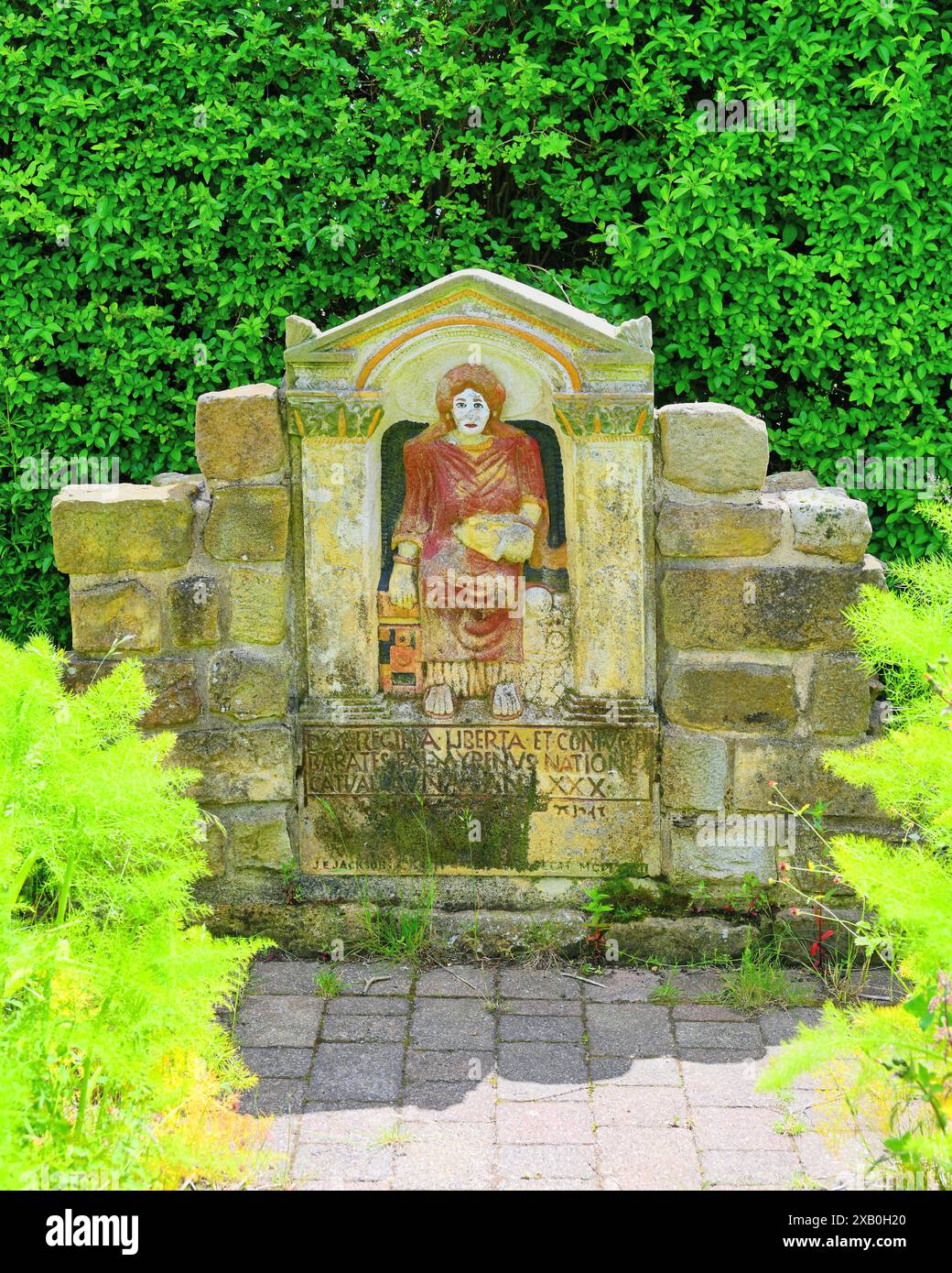 Roman gravestone or memorial in the sunshine at Arbeia Roman fort in ...