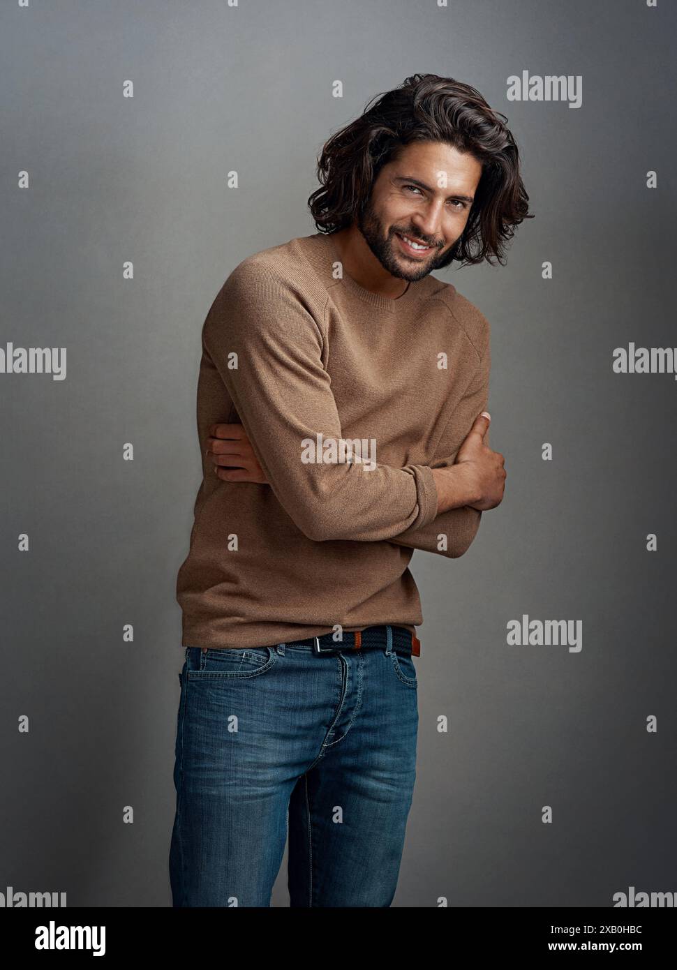 Fashion, smile and portrait of man in studio with crossed arms for ...