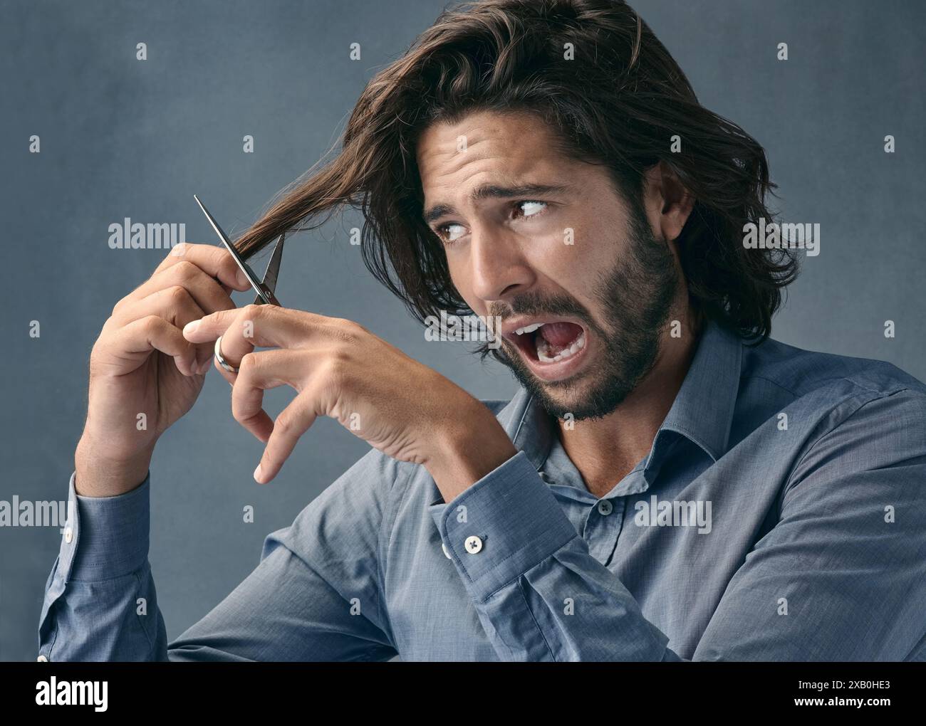 Trimming, hair and scared man with scissors for grooming, facial ...