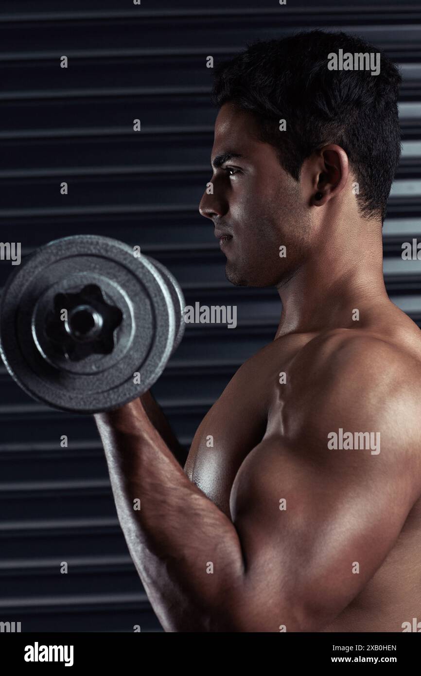 Strong, man and weight lifting in workout routine, fitness and wellness ...