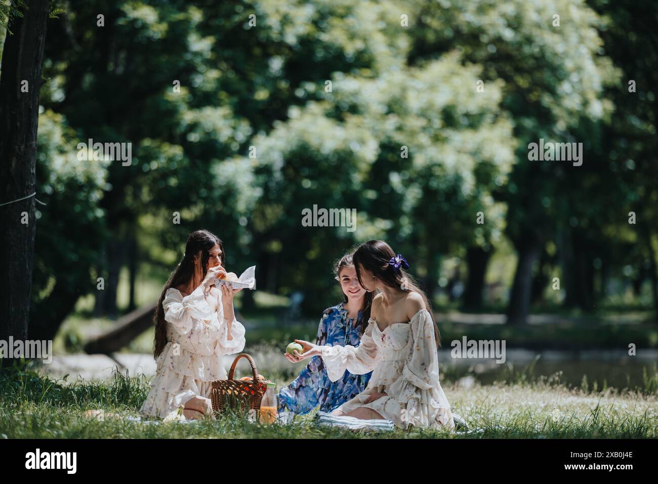 Three friends enjoying a sunny picnic in the park, sharing food and ...