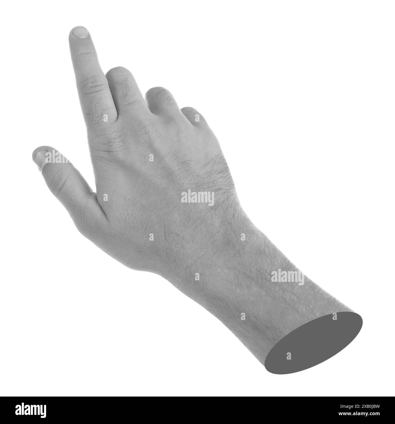 Man's hand pointing at something on white background. Black and white ...