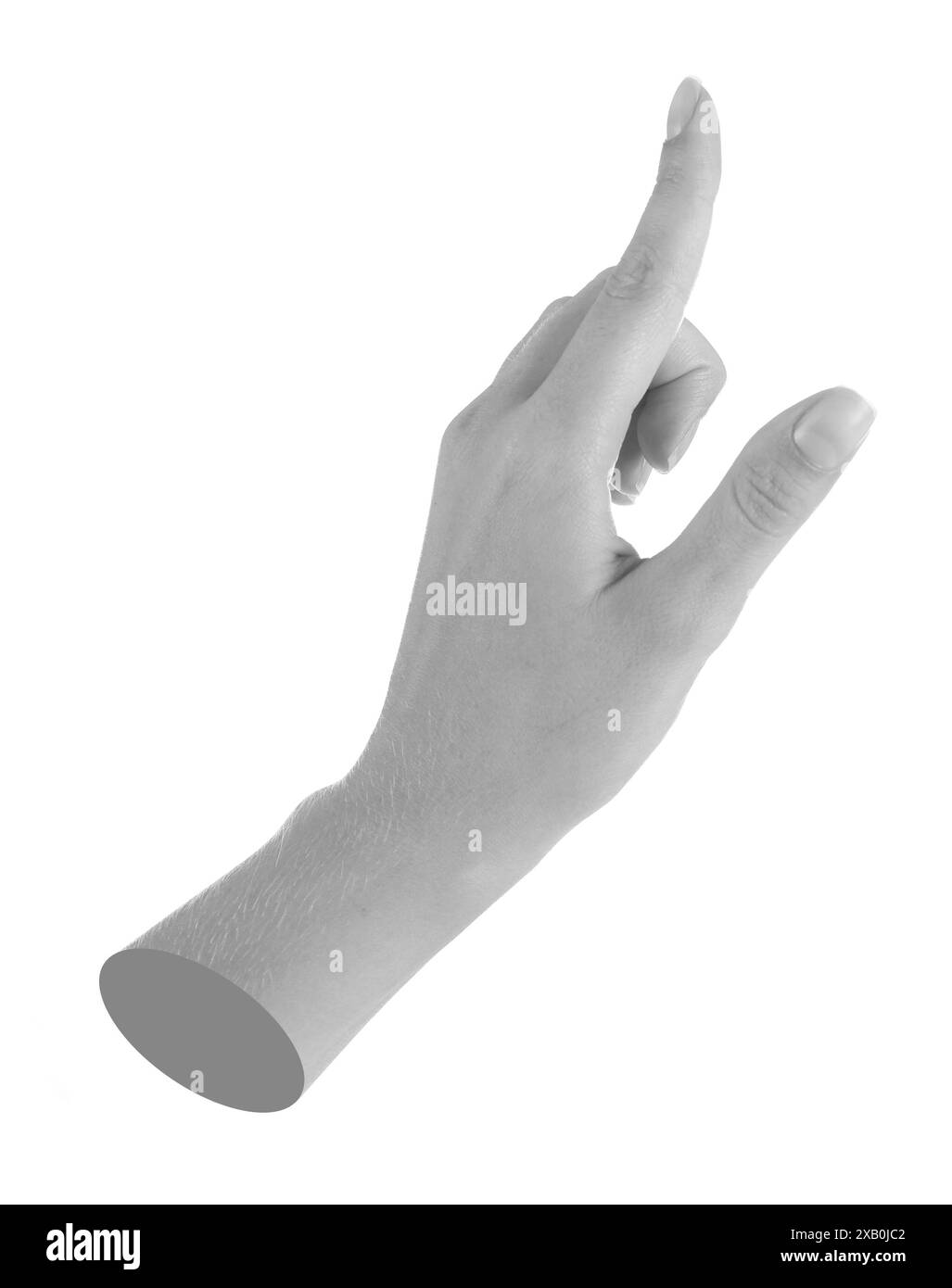 Woman's hand pointing at something on white background. Black and white ...