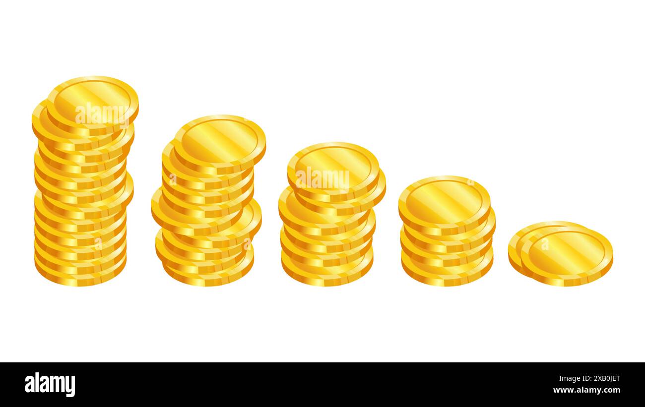 Gold coins in 3d style realistic vector illustration. Columns coins in ...